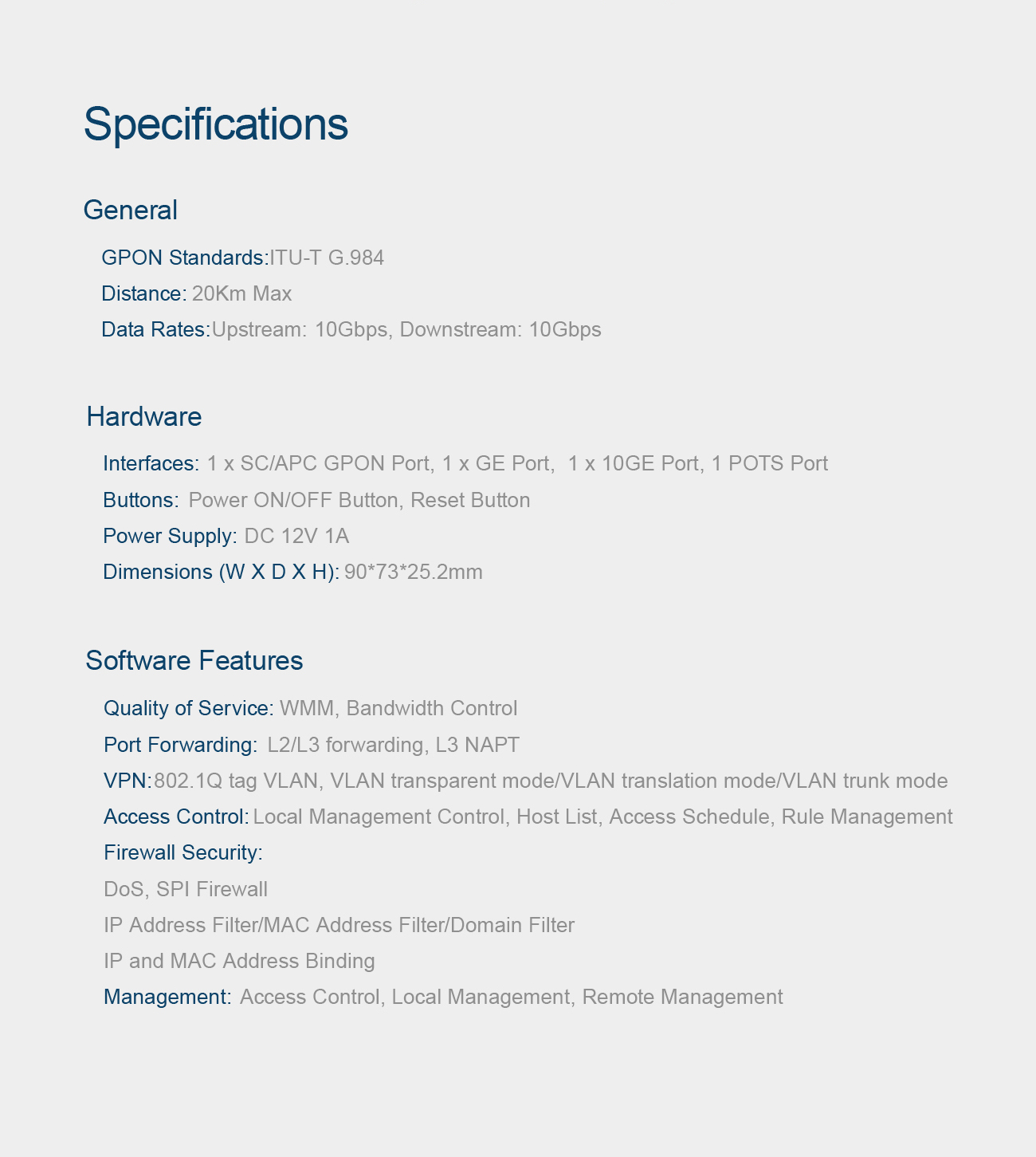 XGSPon fiber optic modem router 1*10GE 1*1GE 2 Ports VoIP - Hosecom